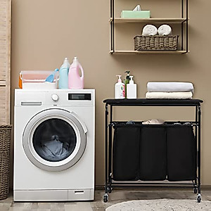 HollyHOME 3 Section Rolling Laundry Sorter Cart with Fixed Ironing Board Laundry Hamper Room Organization with 4 Wheels and Table Top Lid Removable Bags Black