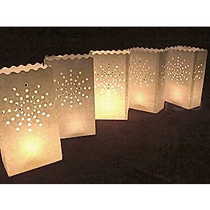 CleverDelights White Luminary Bags - 50 Count - Sunburst Design - Wedding Party Christmas Holiday Luminaria