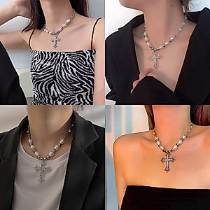 Y2k Necklace Gyaru Goth Necklaces Fairy Grunge Jewelry Pearl Necklace with Cross for Women Coquette Aesthetic Cyber Emo Alt Necklaces for Women