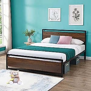 STELSIPLIY Metal Bed Frame Queen Size,Industrial Platform Bed Frame with Headboard and Footboard,Steel Slat Support,Mattress Foundation,No Box Spring Needed,Noise Free,Easy Assembly,Brown (Queen)