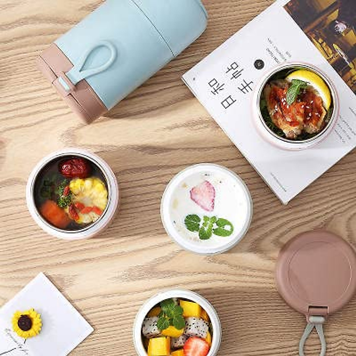 Lunch Cup and Container for Hot Food with Lid & 2 Compartments - Stainless Double Wall Insulated Food Jar for On-the-Go Cereal & Milk, Oatmeal, Soup – cup and container for Adults, Thermal Insulated Food C