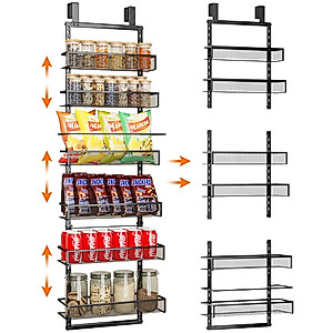 Over the Door Pantry Organizer, Pantry Door Organizer 6-Tier Mesh Basket, Pantry Hanging Storage Baskets with Adjustable Hooks Hanging & Wall Mounted，for Kitchen, Bathroom,Storage Room (Black)