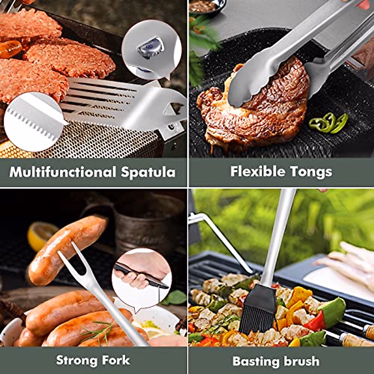 CTCCORC Grill Tool Set 20PCS, BBQ Tool Sets with Durable Barbecue Spatula, Grill Knife, Fork, Tongs, Skewers, Portable Storage Bag, Heavy Duty Stainless Steel Outdoor Cooking Camping Grilling Tools