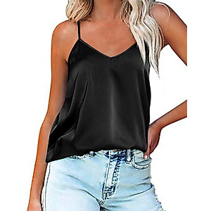 Ekouaer Women's Silk Satin Tank Top Sexy V Neck Cami Top Spaghetti Strap T Shirt Blouse Black