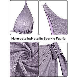 ZAFUL Sexy 3 Piece Bikini Set for Women String Tie Triangle Thong Sparkly Metallic Shiny Swimsuit with Cover Up Skirt (Purple,S)