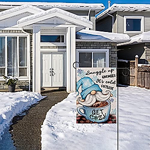 Artofy Snuggle Up Gnomies It's Cold Outside Home Decorative Garden Flag Winter Gnome Plaid House Yard Coffee Bean Cup Snowflake Outside Decor, Christmas Farmhouse Outdoor Small Burlap Decoration 12x18