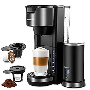 Single Serve Coffee Maker with Milk Frother, 2-In-1 Cappuccino Coffee Machine for K Cup Pod and Ground Coffee, Single Cup Brewer Compact Latte Maker with 30 oz Detachable Reservoir, Black