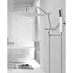 Hibbent All Metal 10'' Rainfall Shower Head, Square Shower Head Combo, High Pressure Handheld Shower Wand, 16'' Adjustable Arc-shaped Shower Extension Arm, 71'' Hose, 2 Showerhead Holders, Chrome