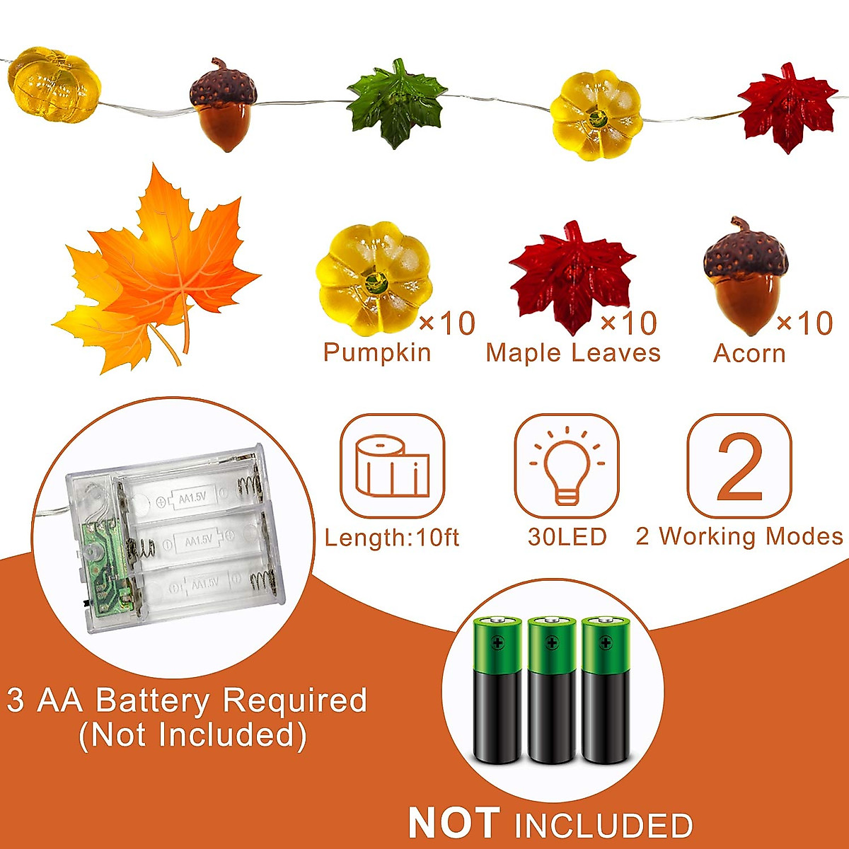 TURNMEON Thanksgiving Decor 30LED/10Ft 3D Pumpkin Lights Thanksgiving Decorations, 3 in 1 Battery Powered Fall Lights Pumpkin Decor, Fall Garland Lights Indoor Outdoor Fall Decor Autumn Halloween Home