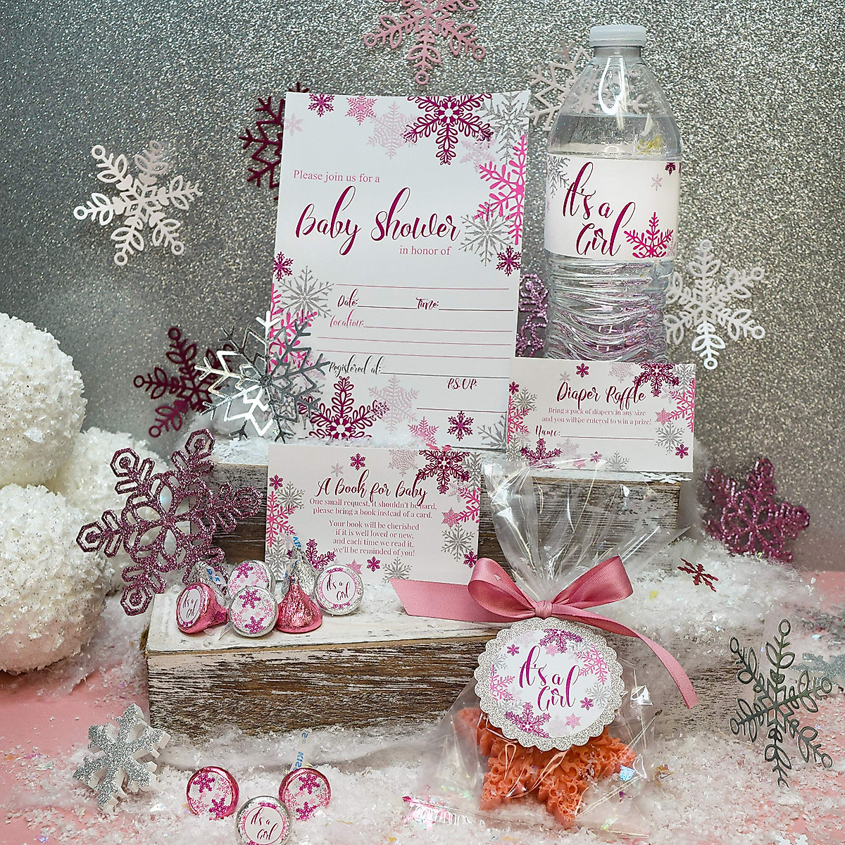 Pink and Silver Snowflake Diaper Raffle Tickets for Girl Baby Showers, 20 2" X 3” Double Sided Insert Cards for Games by AmandaCreation, Bring a Pack of Diapers to Win Favors & Prizes!