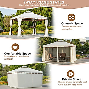Erommy 10' x 12' Outdoor Canopy Gazebo, Double Roof Patio Gazebo Steel Frame with Netting and Shade Curtains for Garden, Patio, Party Canopy, Cream