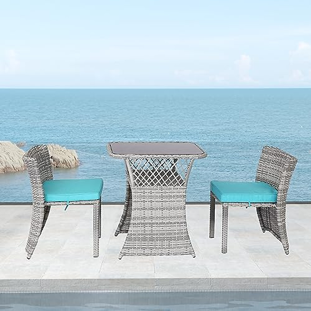 yoyomax, Turquoise 3 Pieces Furniture Clearance, PE Rattan Wicker Storage Shelf, Patio Sofa Chairs with Tempered Glass Table, Ideal for Garden-Porch, 3PCS-Bistro Set