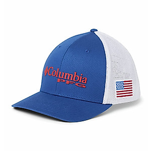Columbia Unisex PFG Mesh Ball Cap, Mountain Blue/Us Flag, L/XL