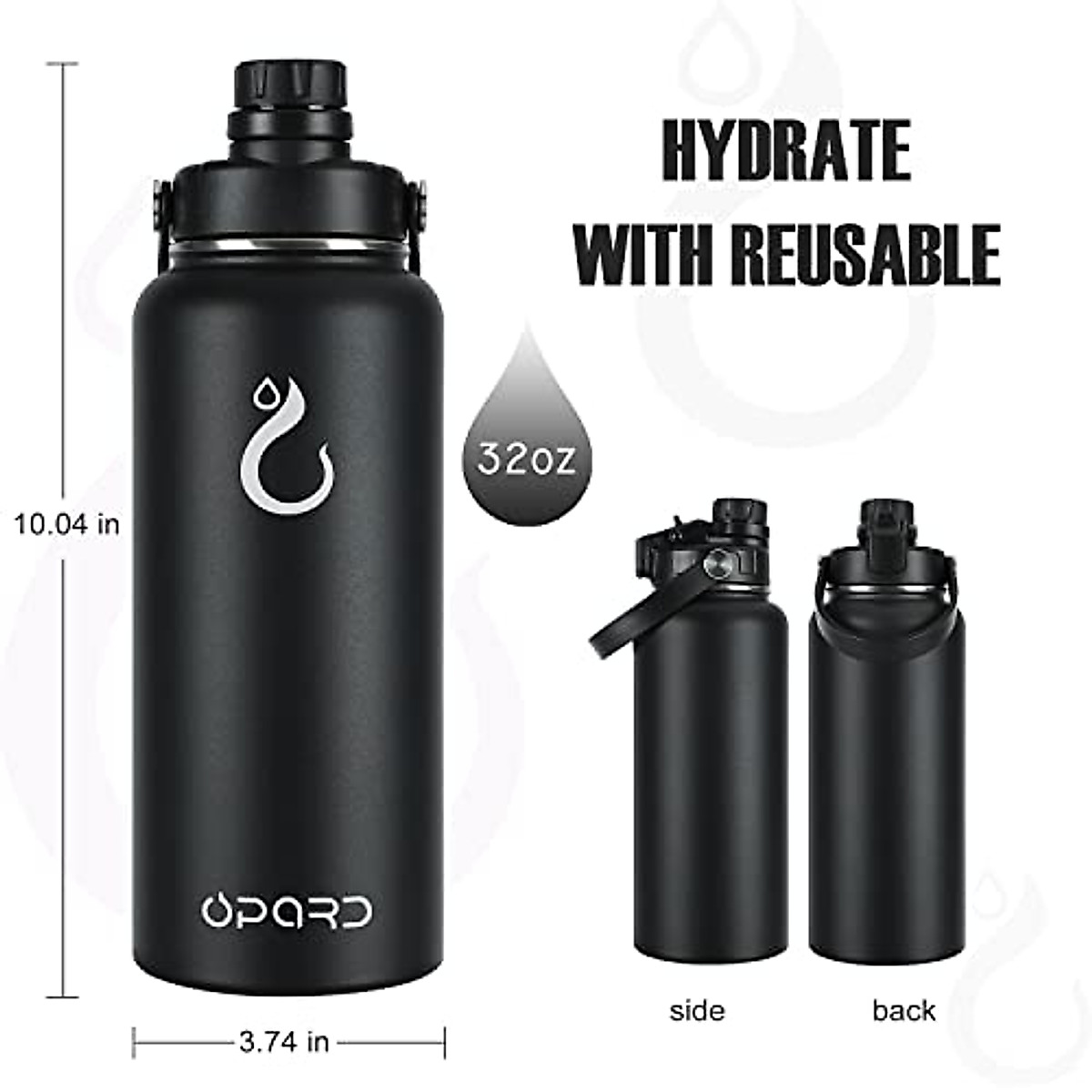 Opard Insulated Stainless Steel Water Bottle, 32oz Reusable Metal Water Bottles with Straw and Spout, One Lid Dual-Use