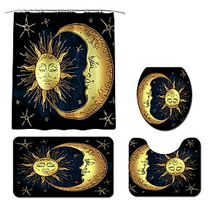 4PCS/Set Sun and Moon Print Pattern Shower Curtains Sets Polyester Waterproof Bathroom Shower Curtain Sets Non-Slip Bathroom Rugs Bath Mat Set Toilet Lid Cover+12 Hooks, Boho