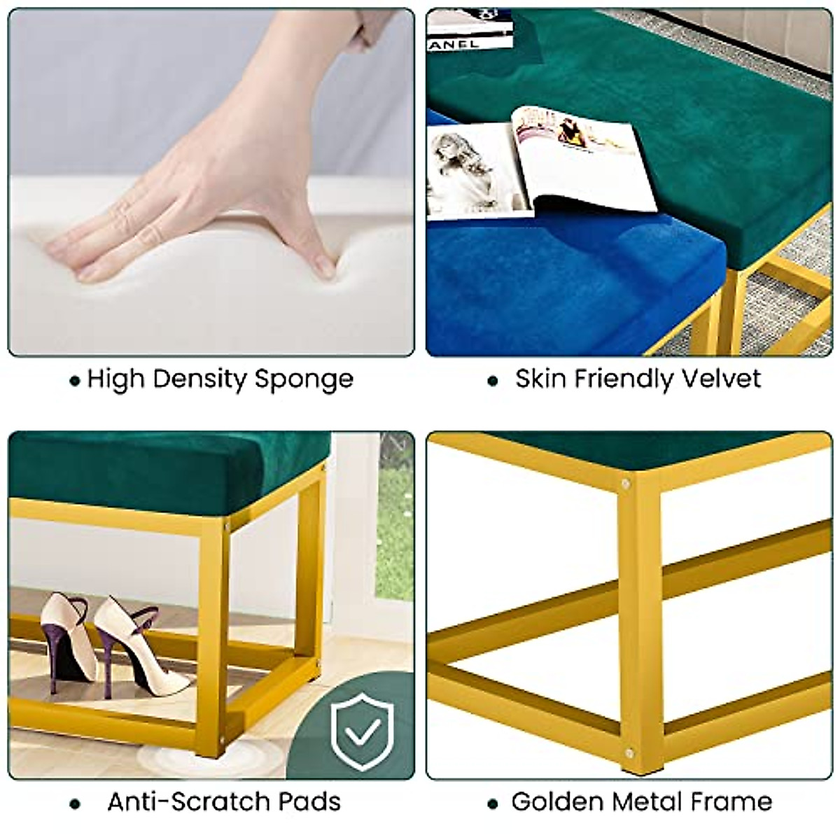 Lamerge Velvet Bench,Modern Upholstered Entryway Bench Bedside Bench, Dining Long Bench with Golden Metal Frame,Perfect for Dressing Room,Living Room,Hallway,Bedroom and So on,Emerald (LVB-E)