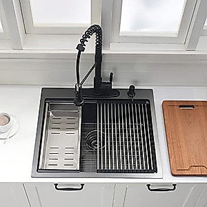25x22-Inch Black Drop In Kitchen Sink Workstation - VOKIM 25 Inch Single Bowl Kitchen Topmount Sink 16 Gauge Stainless Steel 10'' Deep Handmade Kitchen Sink with Cutting Board& Strainer