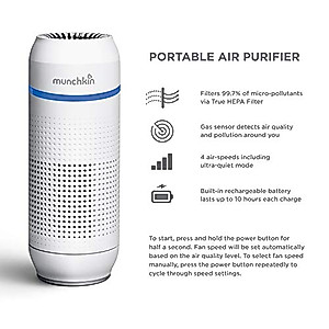 Munchkin® Portable Air Purifier, 4-Stage True HEPA Filtration System Eliminates 99.7% of Micro-Pollutants, White