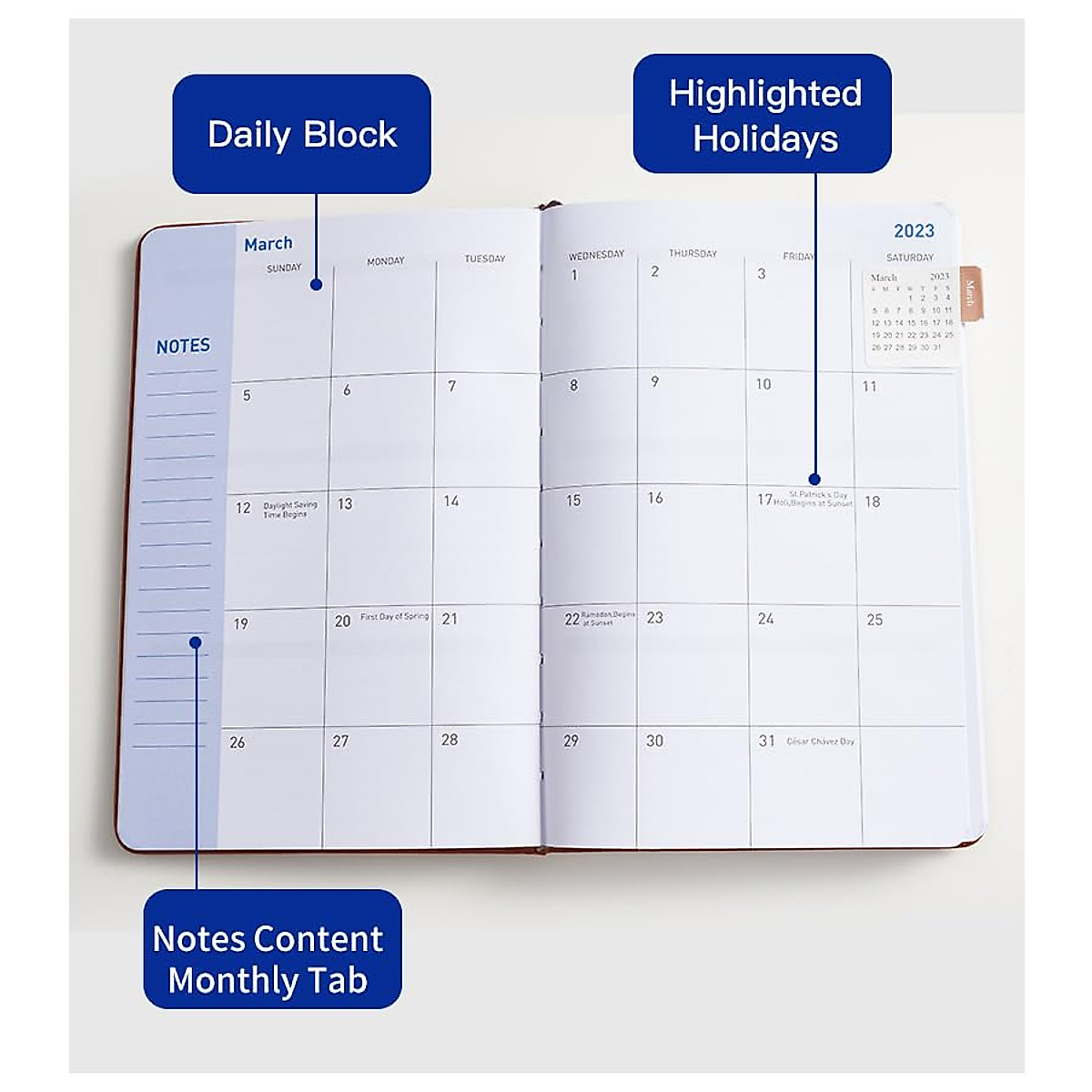 Leather Hardcover Planner 2023-2024, Weekly and Monthly Planner, Jul.2023-Dec 2024, A5 size 5.5 x 8 inch, Includes: Planner stickers + Monthly tab and Bookmarks + Inner Pocket + Elastic Closure + Pen