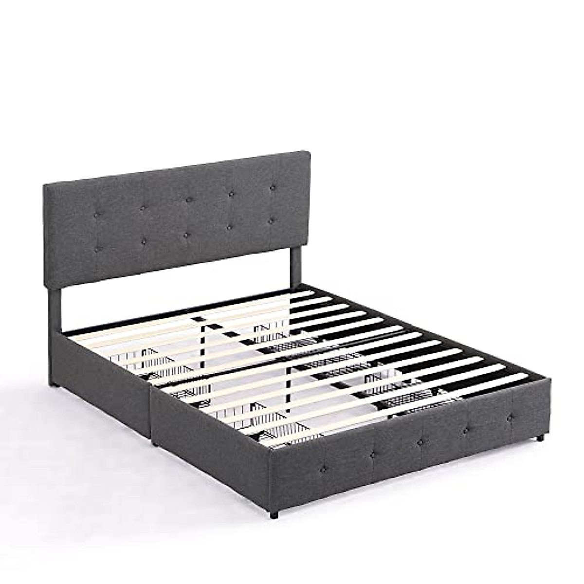 RHIZOME Queen Upholstered Platform Bed Frame with 4 Drawers Storage and Headboard Footboard, Mattress Foundation with Wooden Slats Support and No Box Spring Needed, Grey
