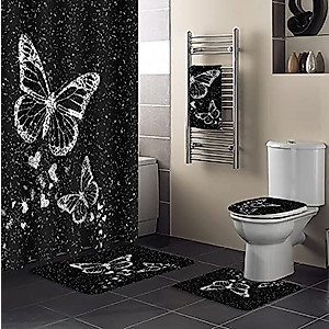 GURETER 7 Piece Butterfly Bathroom Sets with 71x72 Inches Black and Silver Shower Curtain and Rug and U-Shaped Bath Mat and Toilet Lid Cover and Towels and 12 Hooks, SET7MLGU3
