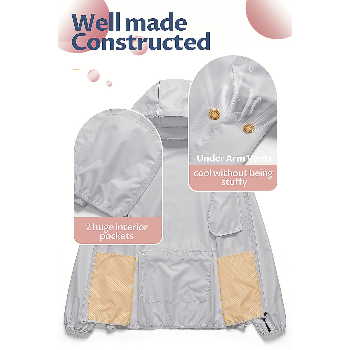 CREATMO US Women's Cycling Windbreaker Jacket, Waterproof Running Workout Rain Jackets, Packable Reflective Hiking Hoodie Grey 2XL