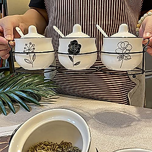 Ceramic Spice & sugar Jars, with Lids Spoons and Shelf,Porcelain Condiment Kitchen Jar Spice Container Set, 230 ML,3 Pcs