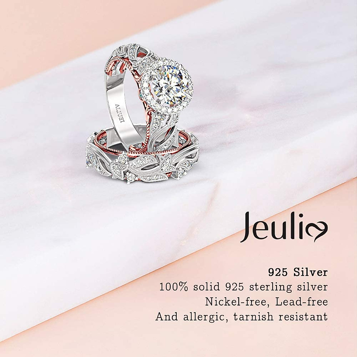 Jeulia 4 Carat Leaf Rings for Women 925 Sterling Silver 18 K Rose Gold Plated Round Cut Engagement Ring Set White Diamond Halo Cubic Zirconia Wedding band CZ Solitaire Anniversary Promise Rings (9)