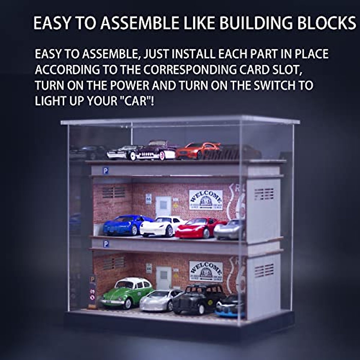 SIKIVOT Double Deck Garage Display Case， 1/64 Scale Parking Lot Model Car， Die-cast Car Garage Display Case，12 Parking Space with LED Light and Acrylic Cover (7642 Red Brick Wall)
