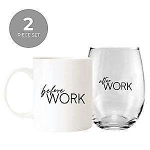 Canopy Street Before Work And After Work Mug And Stemless Wine Glass Set/Funny Clever Humor Drinkware/Coworker Coffee Mug Present/New Job Beverage Gift