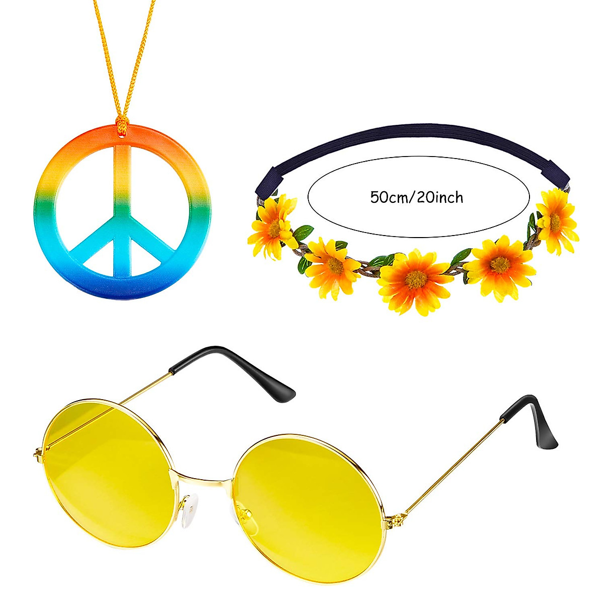 Frienda 24 Pieces Hippie Costume Accessories 60s 70s Party Decorations Hippie Set Includes Peace Sign Necklaces Daisy Sunflower Headbands Retro Sunglasses for Birthday Halloween Party Supplies