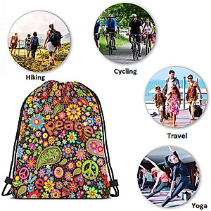 Beabes Peace Drawstring Bags Backpack Bag Sign Symbol Love Hippie Colorful Floral Butterfly Paisley Heart Leaf Sport Gym Sack Drawstring Bag String Bag Yoga Bag for Men Women