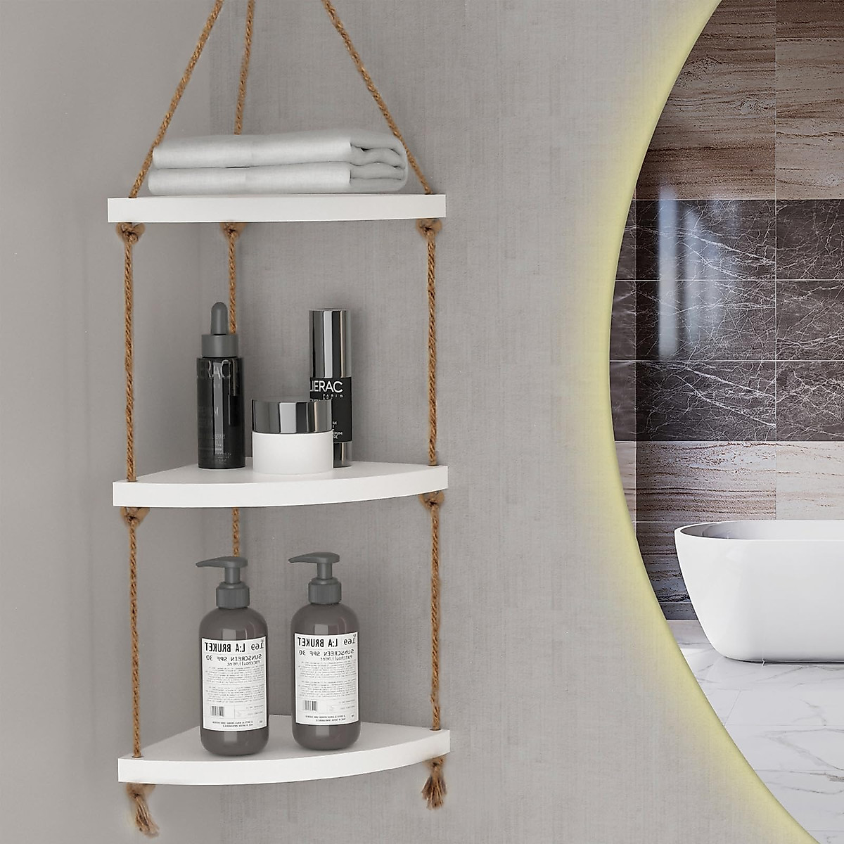 Tirzah 3-Tier Hanging Wall Corner Shelf with Rope, 9 inches White Real Wood Circular Sector Floating Shelf for Home Decor, Kitchen Organizer