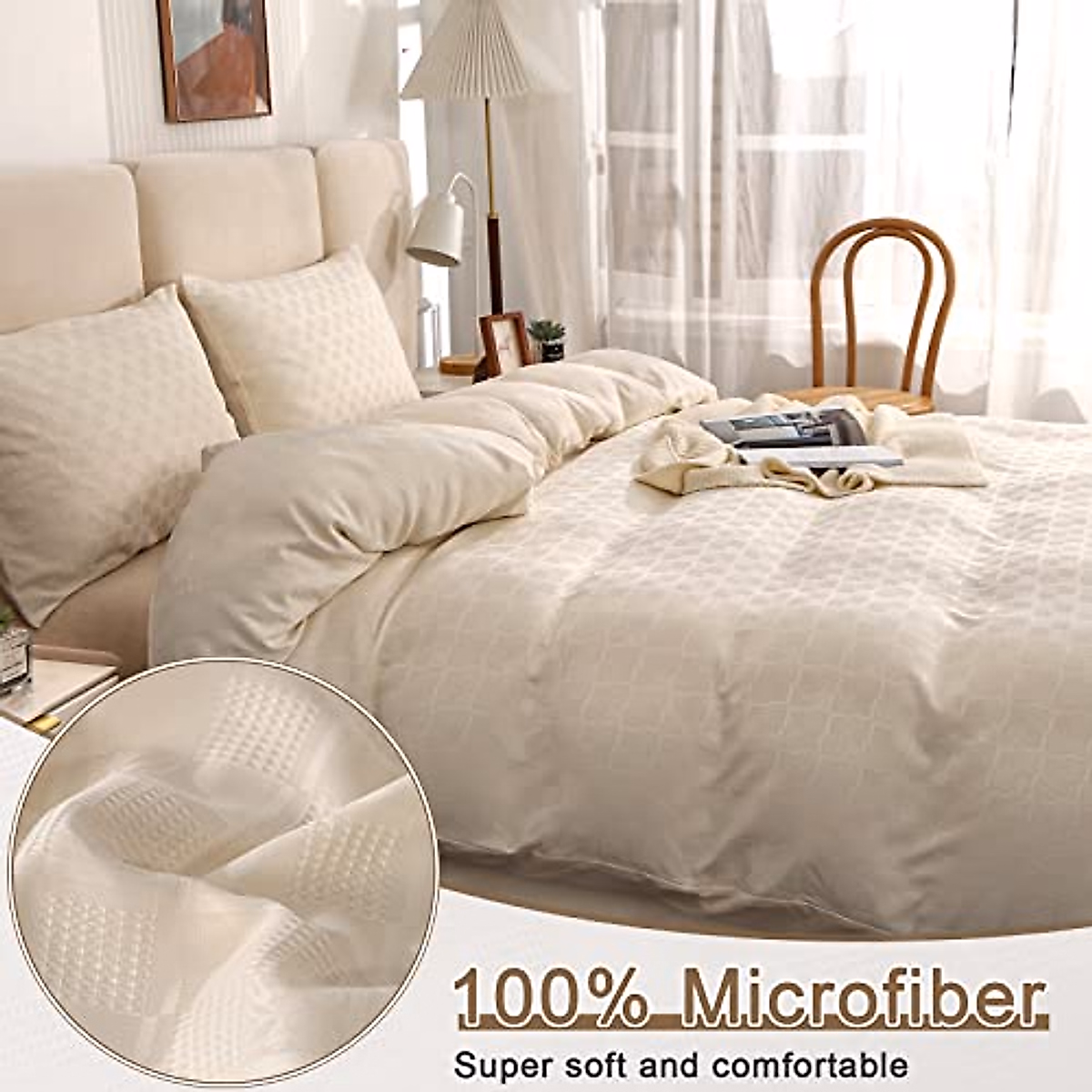 ENCOFT Waffle Duvet Cover Queen Size, Soft Microfiber Beige Cream Waffle Weave Textured Duvet Cover Set, Comforter Cover Bedding Set All Season, 90"x90"