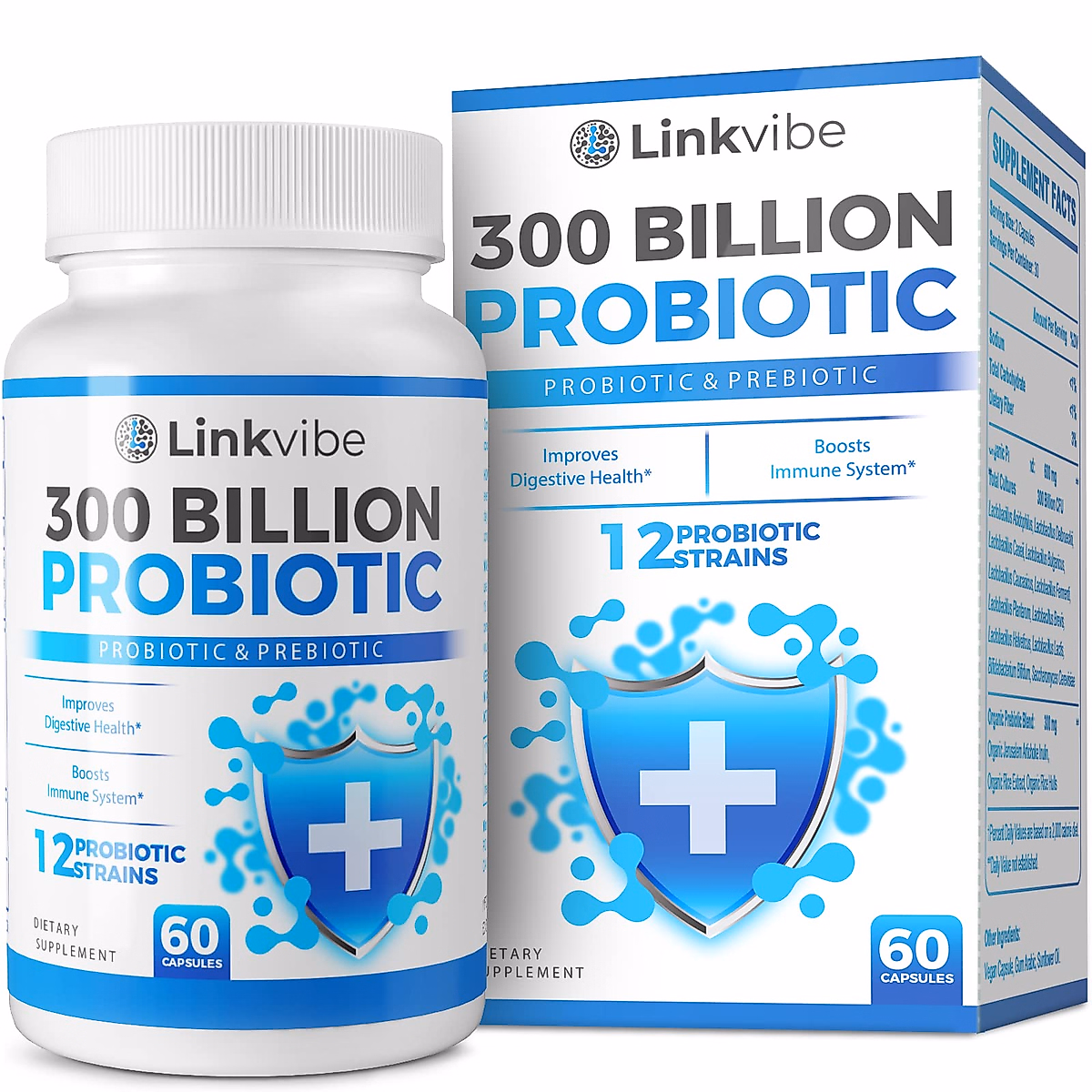 Linkvibe Probiotic 300 Billion CFU - 12 Strains with Organic Prebiotics for Digestive & Gut, Immune, Bloating Health - Probiotics for Women and Men - Daily Dairy Free, Shelf Stable - 60 Counts
