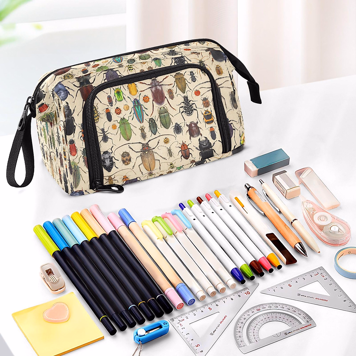 Fisyme Ladybugs Beetles Bugs Pencil Case Large Capacity Pencil Pouch Pen Bags Box Big Makeup Pencil Case Organizer