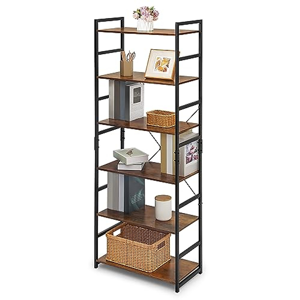 MoNiBloom 6-Tier Bookcase, Tall Bookshelf with Metal Frame Industrial Style Display Shelves for Home Living Room Office, Rustic Brown