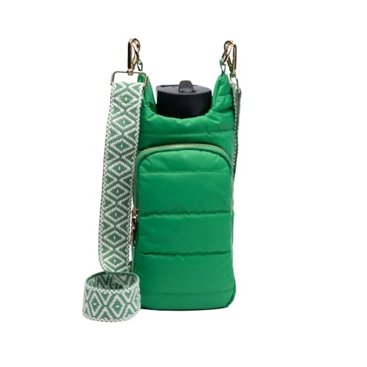 WanderFull Crossbody HydroBag - Water Bottle Holder - Quilted Bottle Bag - Water Bottle Carrier with Strap - Stylish Puffer Tote for Water Bottle (Green with Patterned Strap)