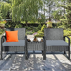 Tangkula 3 Piece Patio Conversation Set, Outdoor Rattan Sofa Set with Seat Cushions & Coffee Table, Patio Wicker Furniture Set for Garden Balcony Backyard Poolside (Grey)