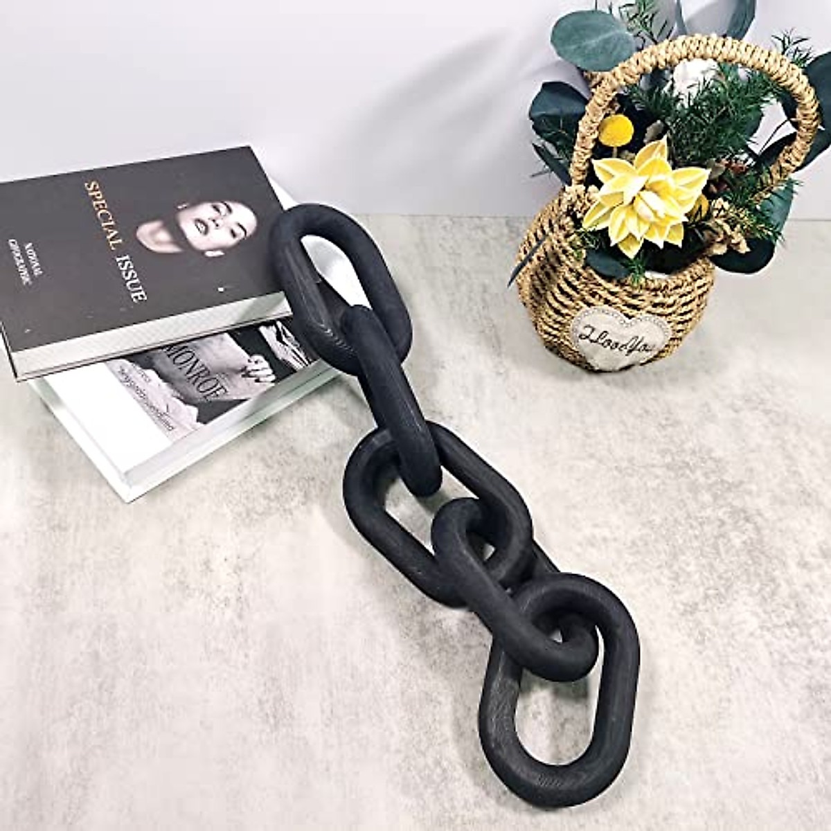 linsuo Decor Wood Knot, Home Shelf Decor, Wood Chain 3 Link Decor, Hand Carved Home Decorations for Living Room, Farmhouse Coffee Table Decor (5-Ring Black)