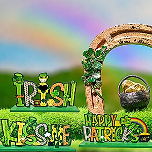 4Pcs St. Patrick's Day Wooden Table Sign Decorations Lucky Shamrock Irish Themed Tabletop Centerpiece Signs for Home Office Party Supplies