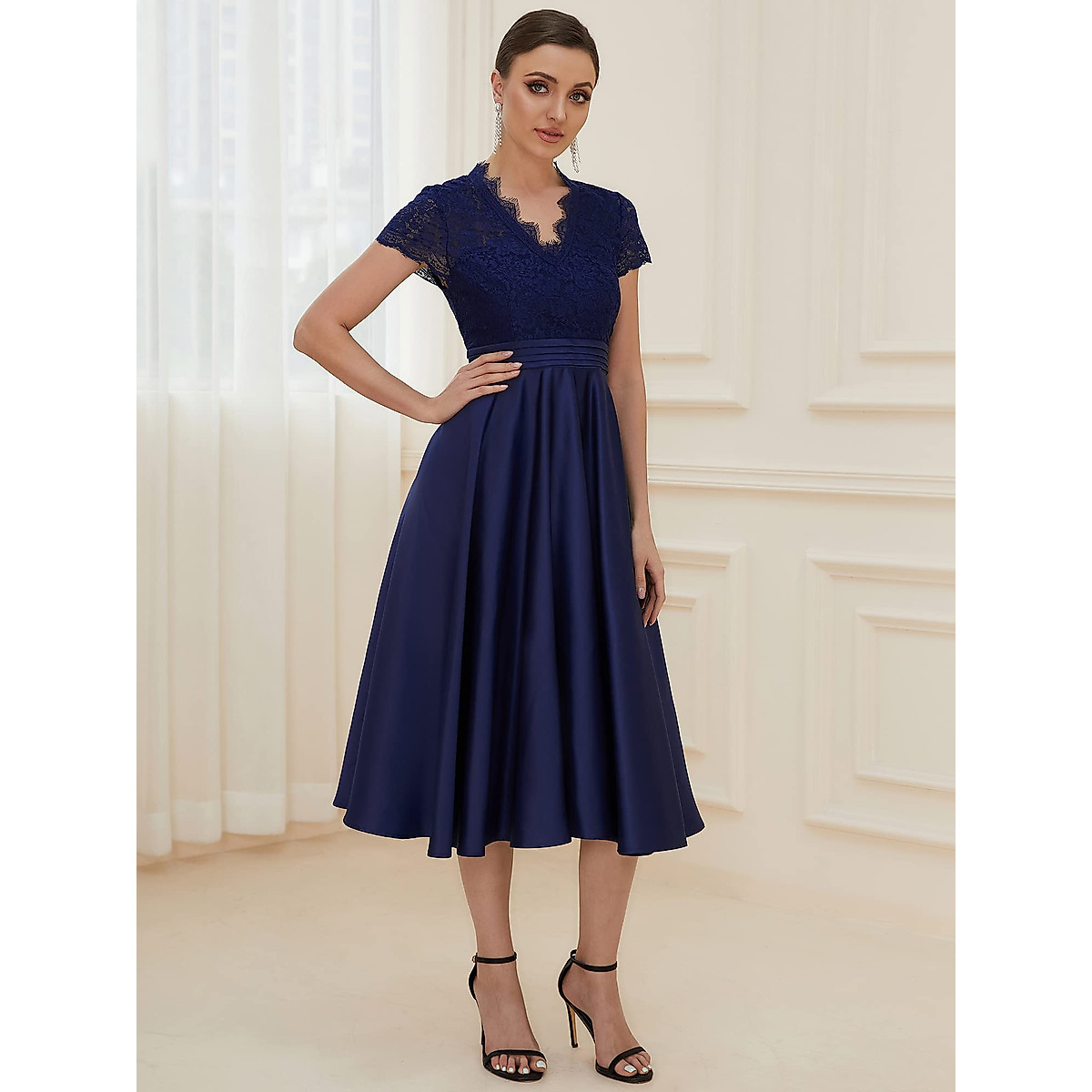 Ever-Pretty Women's Plus Size Lace V-Neck Wedding Party Dress Formal Dresses Short Navy Blue US18