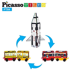 PicassoTiles Magnet Building Blocks STEM Learning Construction Toy Set Early Education Kit 3-in-1 Rocket, School Bus, Train Theme Stick-On Puzzle Pretend Play Magnetic Tiles Kids Building Block Toys