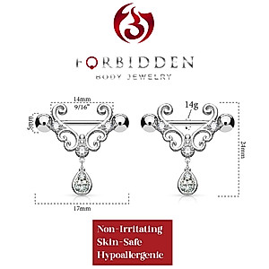 Forbidden Body Jewelry 14g 9/16 Inch (14mm) Surgical Steel Heart Filigree CZ Tear Drop Partial Nipple Shield Barbell Set