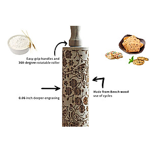 Cosybeau Embossed Rolling Pins for Christmas Baking, 17 inch Large Wooden Roller Pin with Designs Pattern, Best Gift for Wedding, Holiday, Mother, Friends (Lotus)