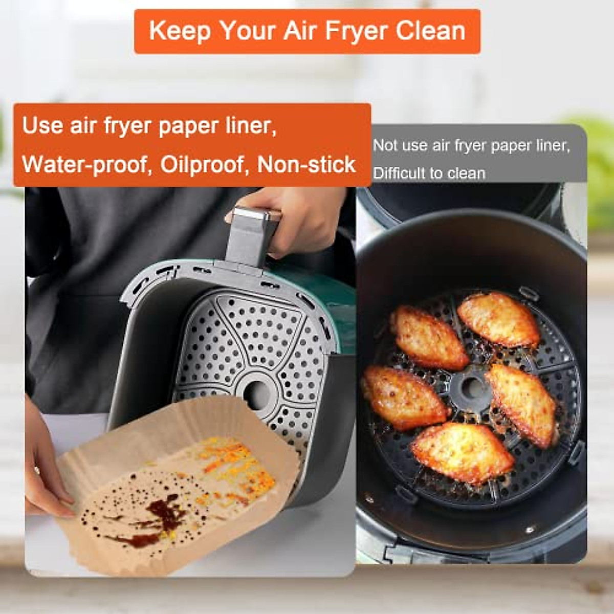 100Pcs Air Fryer Disposable Paper Liners, chfine 6.3 Inch Parchment Paper Liners Square, Non-stick Food Grade Baking Paper Air Fryer Cookers Sheets Liners for Baking Roasting Microwave Pans Oven