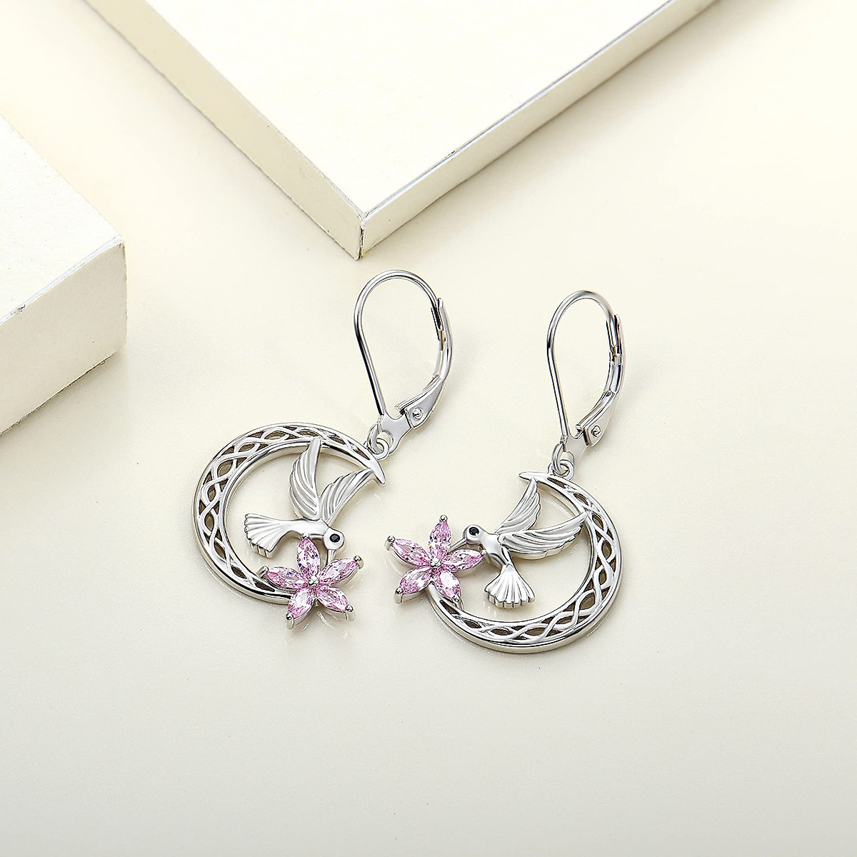 YL Hummingbird Earrings Sterling Silver Celtic Moon Flowers Dangle Drop Earrings Created Pink Tourmaline Leverback Jewelry for Women