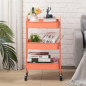 AGTEK Makeup Cart, Movable Rolling Organizer Cart, 3 Tier Metal Utility Cart with Lockable Wheels for Home & Office, Pink Orange