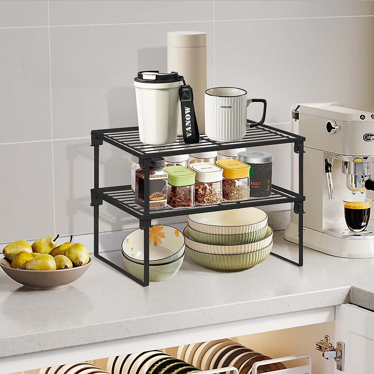 JOPBENG Stackable Metal Kitchen Storage Shelves, Cabinet Storage Shelf Rack, Cabinet Shelves and Paper Towel Holder for Pantry Shelf Bathroom Cupboard Organizers and Storage