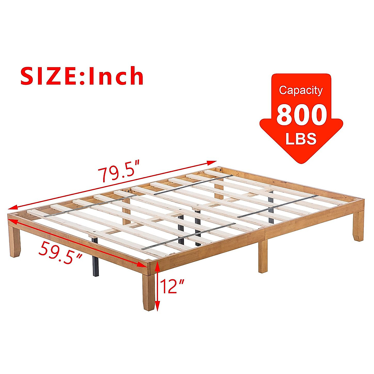 Anwick Queen Size Wood Platform Bed Frame, Classic 12 Inch High Wooden Bed with 8 Oak Legs and 6 Metal Legs,No Box Spring Needed,Easy Assembly (Queen)